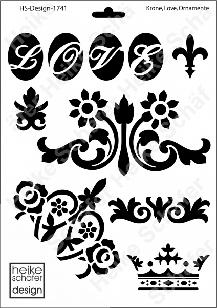 Heike Schaefer Design-Schablone-Stencil A4 168-1741 Krone, Love Ornament